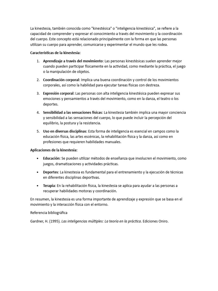 Concepto y Aplicaciones de Kinestesia | PDF