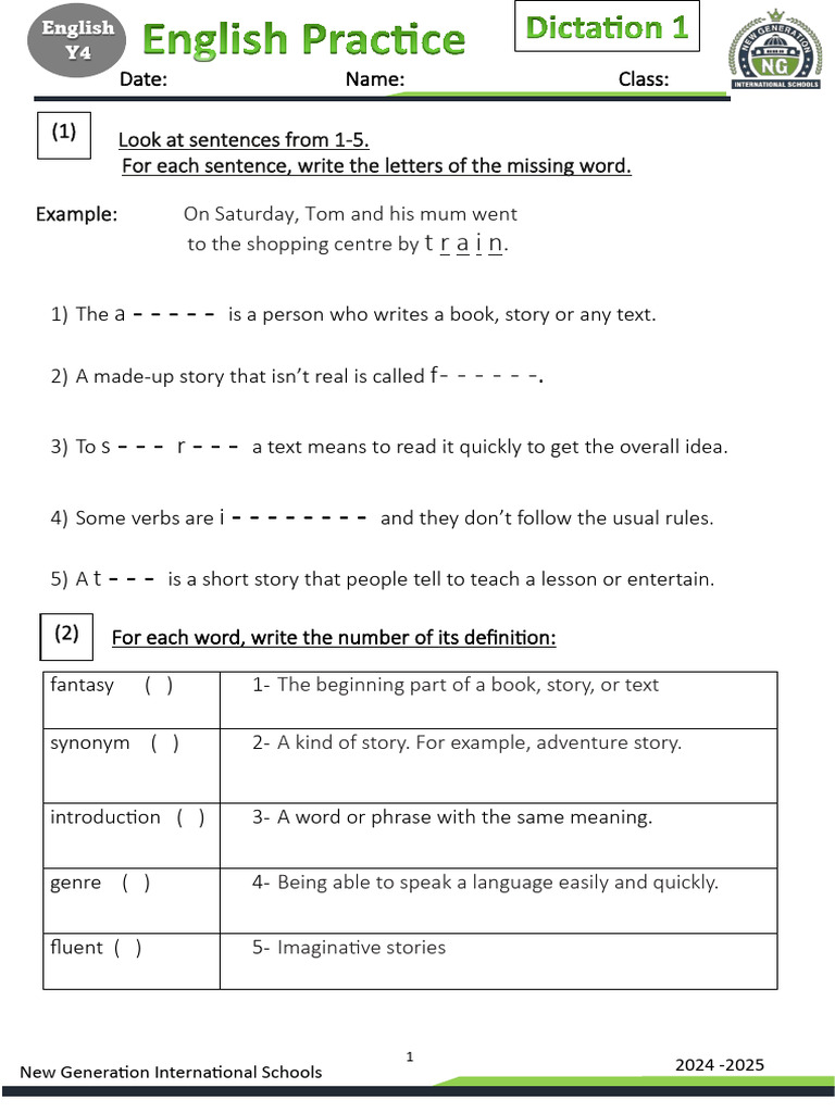 English Dictation Practice Y4 2024-2025 | PDF | Language Arts & Discipline