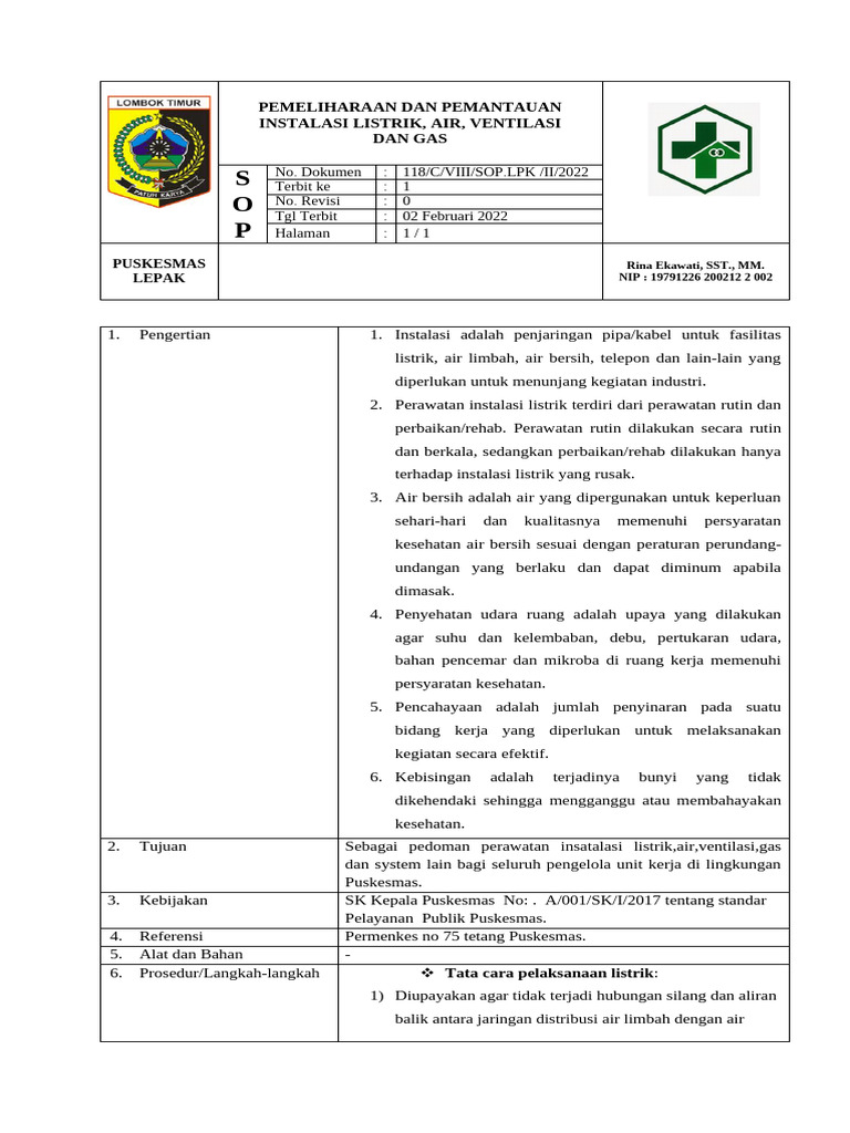 Sop Pemeliharaan Dan Pemantauan Instalasi Listrik | PDF