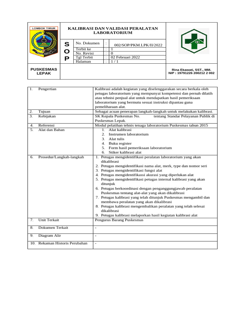 Sop Kalibrasi Dan Validasi Peralatan Laboratorium | PDF