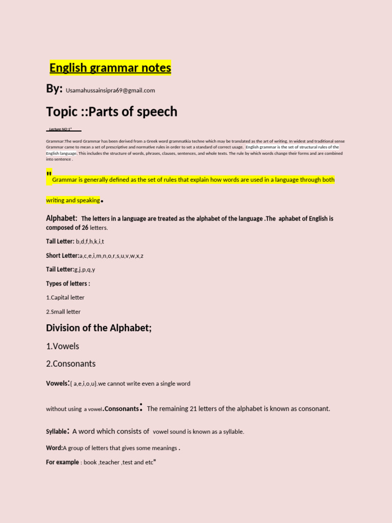 English Grammar: Parts of Speech Guide | PDF | Grammatical Gender ...