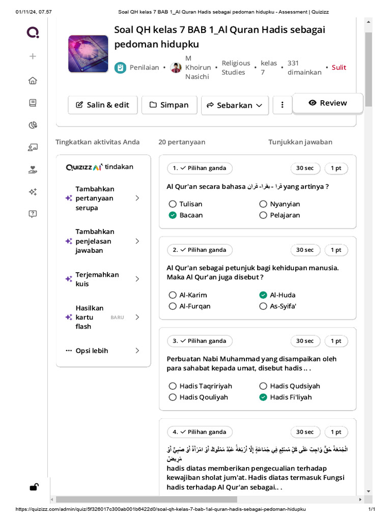 Soal QH Kelas 7 BAB 1 - Al Quran Hadis Sebagai Pedoman Hidupku - Assessment - Quizizz | PDF