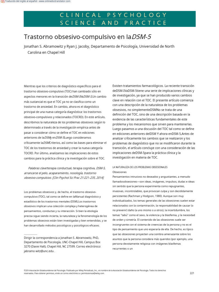LEER Abramowitz DSM 5 ESPAÑOL | PDF | Desorden obsesivo compulsivo | Manual Diagnóstico y ...