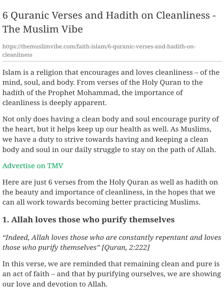 6 Quranic Verses and Hadith On Cleanliness - The M | PDF | Quran | Islam