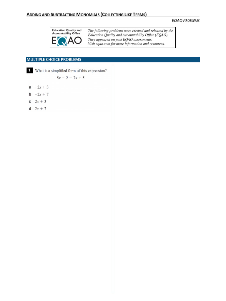 Adding and Subtracting Monomials - EQAO Problems | PDF
