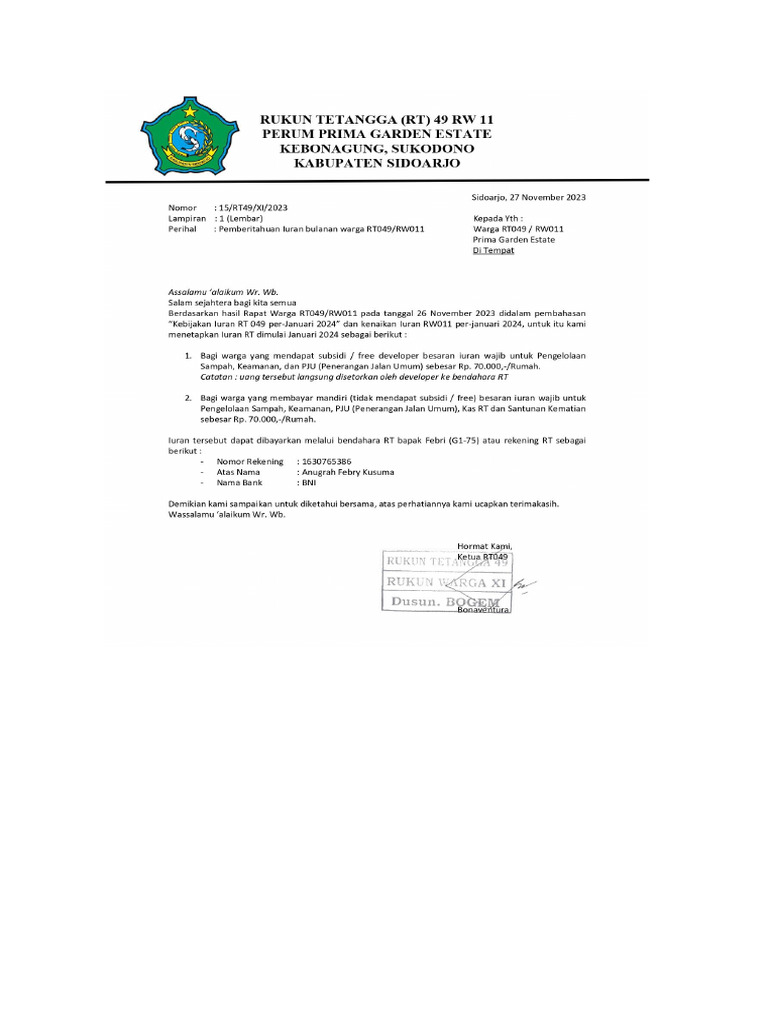 Surat Keputusan Retribusi RT 49 | PDF