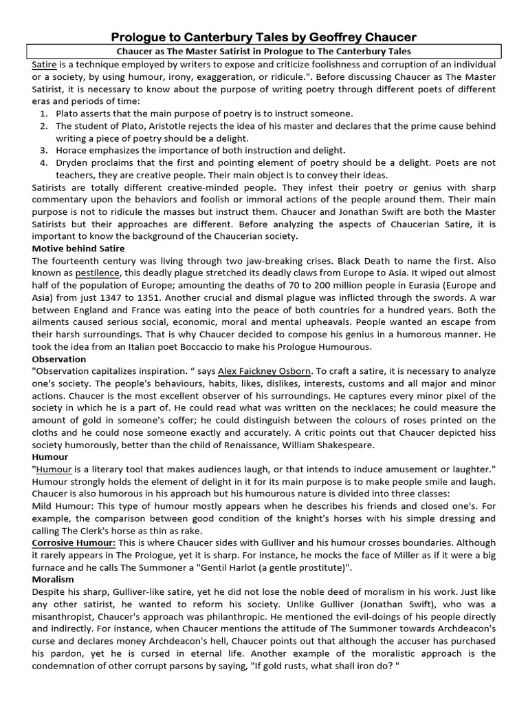 Prologue To Canterbury Tales by Geoffrey Chaucer | PDF | Satire ...