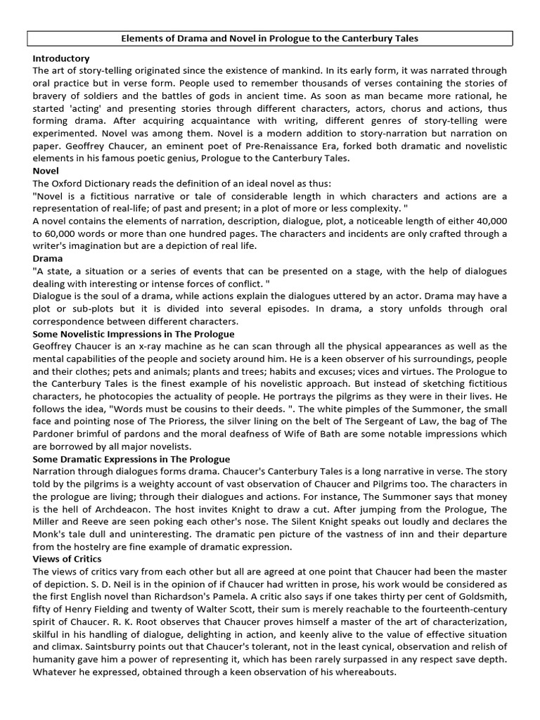 Elements of Drama and Novel in Prologue To The Canterbury Tales | PDF ...