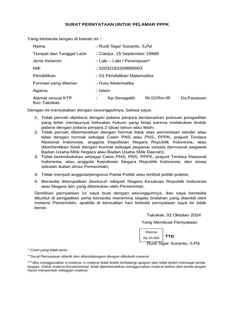 Surat Pernyataan 5 Poin PPPK Guru | PDF