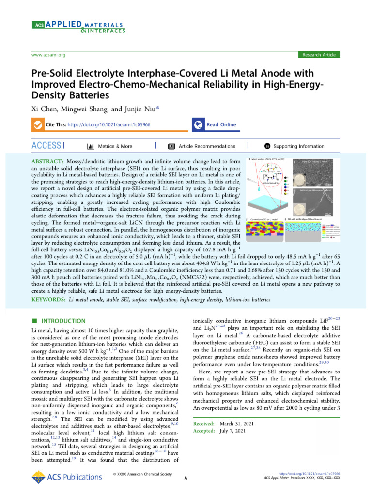 2021 ACS AMI pre-SEI Acsami.1c05966 | PDF | Lithium Ion Battery ...