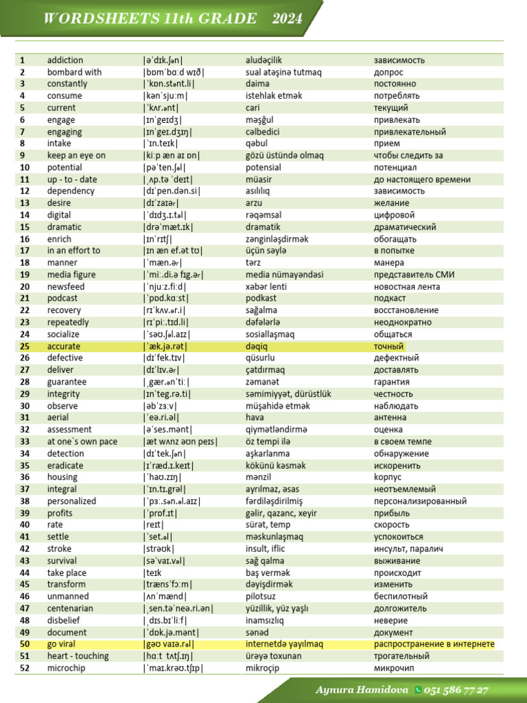 Wordsheet - 11 Grade - 6 | PDF