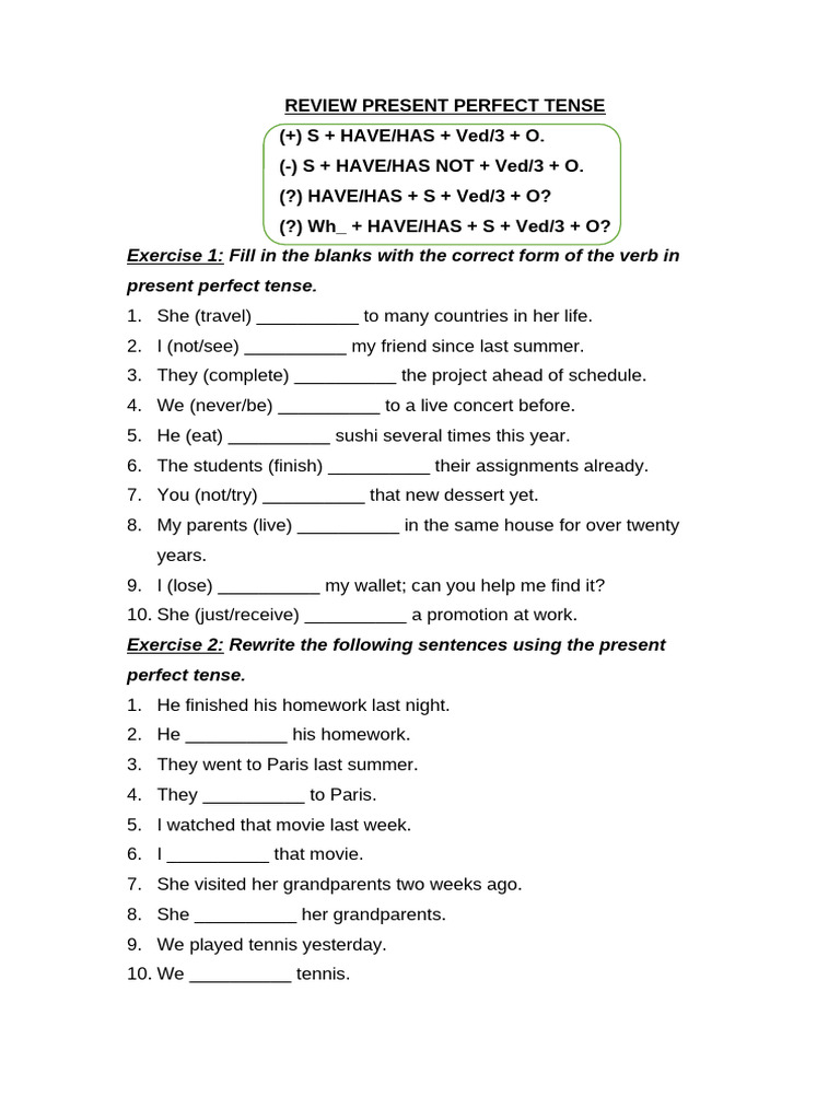 Present Perfect Tense Review Exercises | PDF | Foreign Language Studies