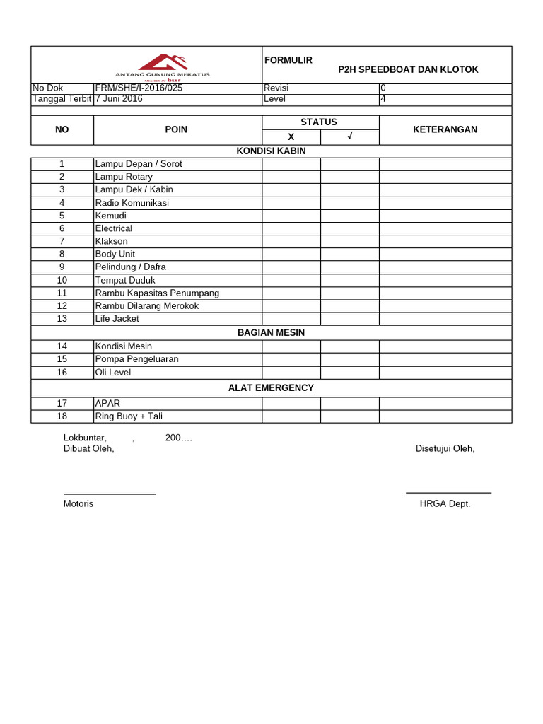 Formulir P2H Speedboat & Klotok | PDF