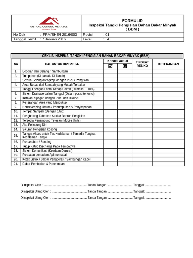 003 Form Inspeksi Tangki BBM | PDF