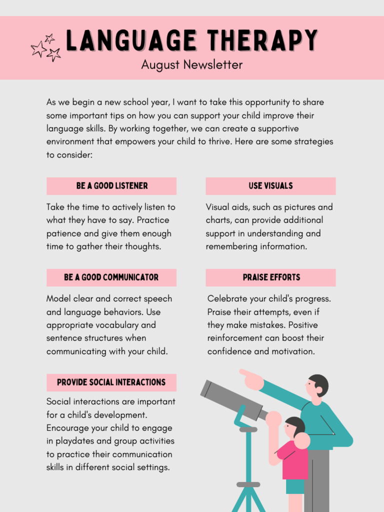 Pink and Greyscale Language Therapy Newsletter For Back To School ...