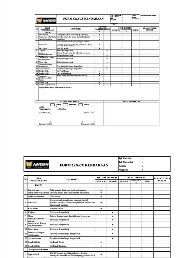 Laporan Inspeksi Kendaraan Lengkap | PDF