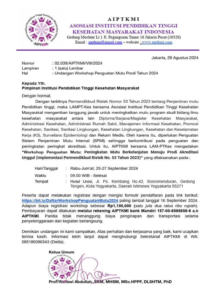 02.039 Surat Undangan Workshop Penguatan Mutu Prodi Tahun 2024 | PDF