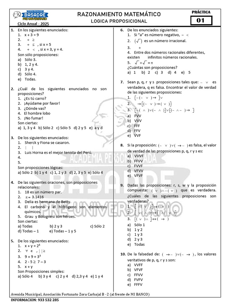 RM - Logica Proposicional - 01 - Clase - Domingo para Imprimir | PDF | Proposición | Lógica ...