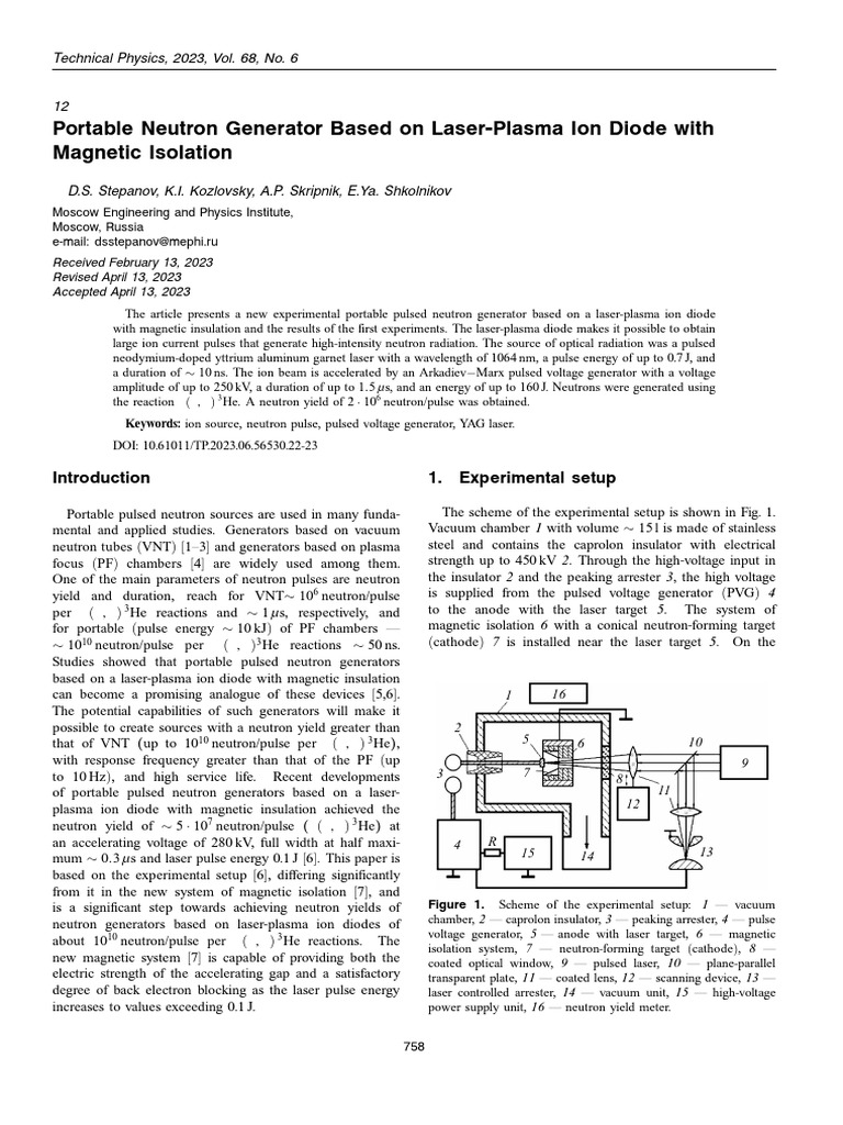 Portable Neutron Generator Based On Laser-Plasma Ion Diode With ...