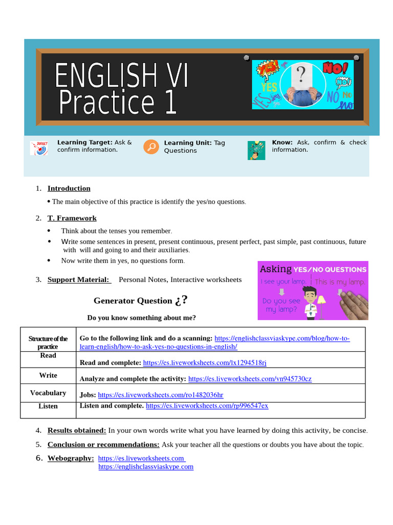 English6 Unit1 Yes-No-Questions P1 | PDF | Language Arts & Discipline ...