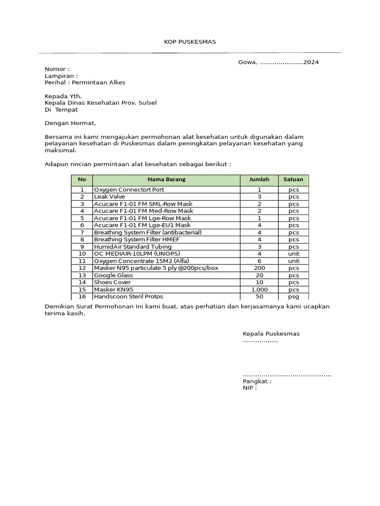 Permohonan Alkes Dari PKM Samata Gowa | PDF