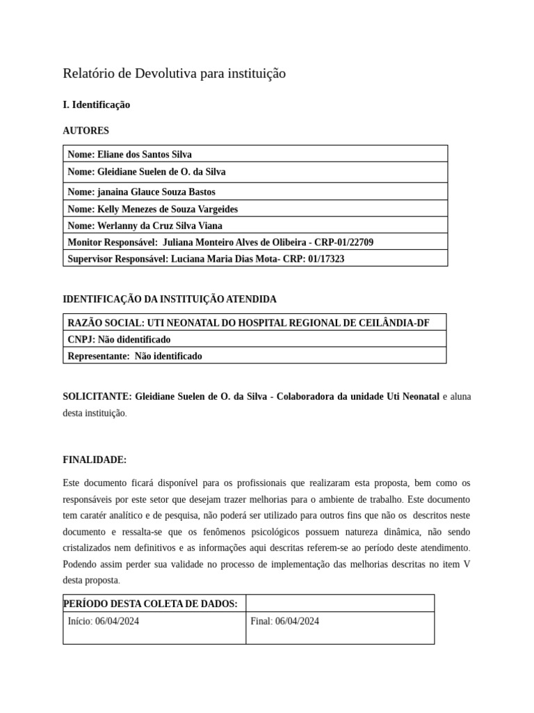 Relatório de Devolutiva para Instituição - Estágio Básico III | PDF ...