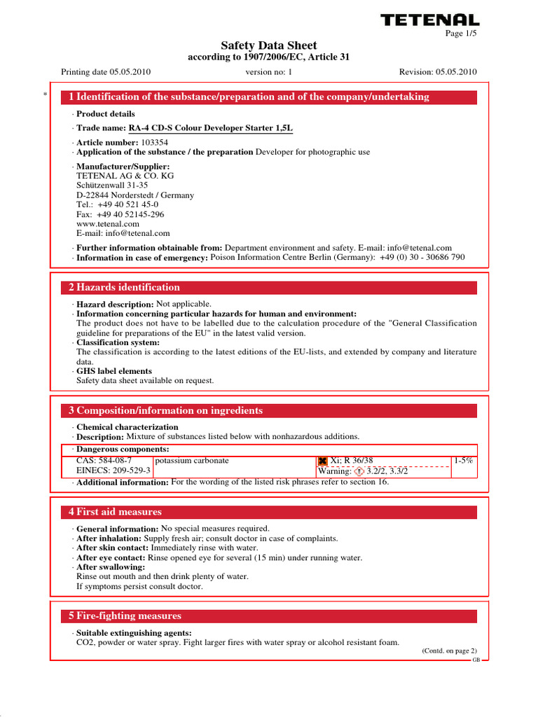 MSDS Colour Developer Starter (Art.-No.103354) | PDF | Dangerous Goods ...