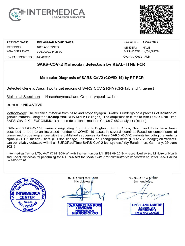 SARS-CoV-2 RT-PCR Test Results | PDF