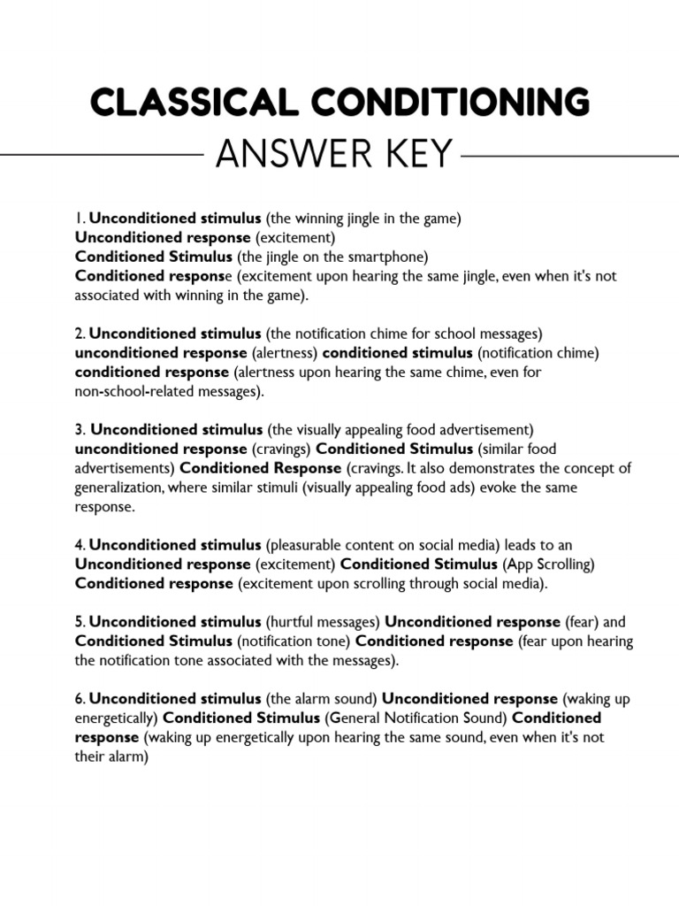 ANSWER KEY-Classical Conditioning Practice | PDF | Classical ...