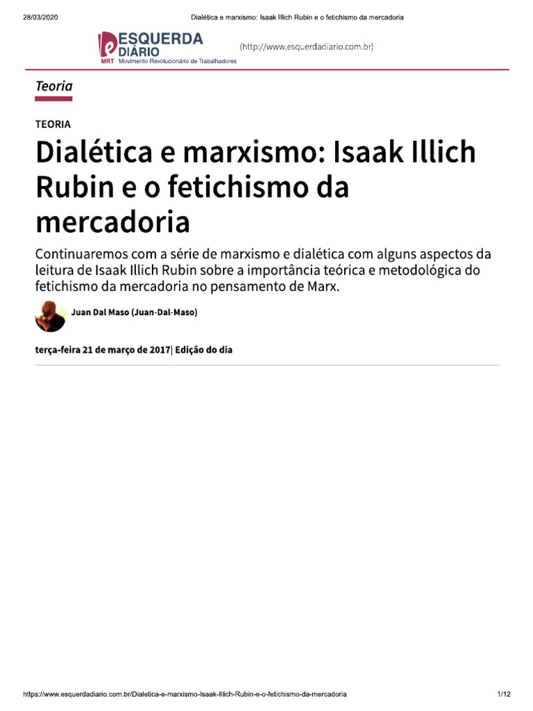 08 Dialética e Marxismo - Isaak Illich Rubin e o Fetichismo Da ...