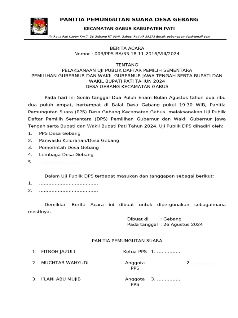 Format BA Uji Publik DPS | PDF