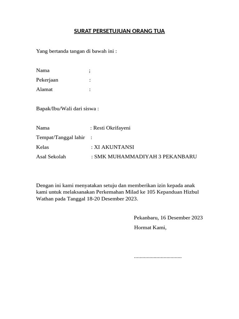 Surat Persetujuan Orang Tua | PDF | Olahraga & Rekreasi | Hukum