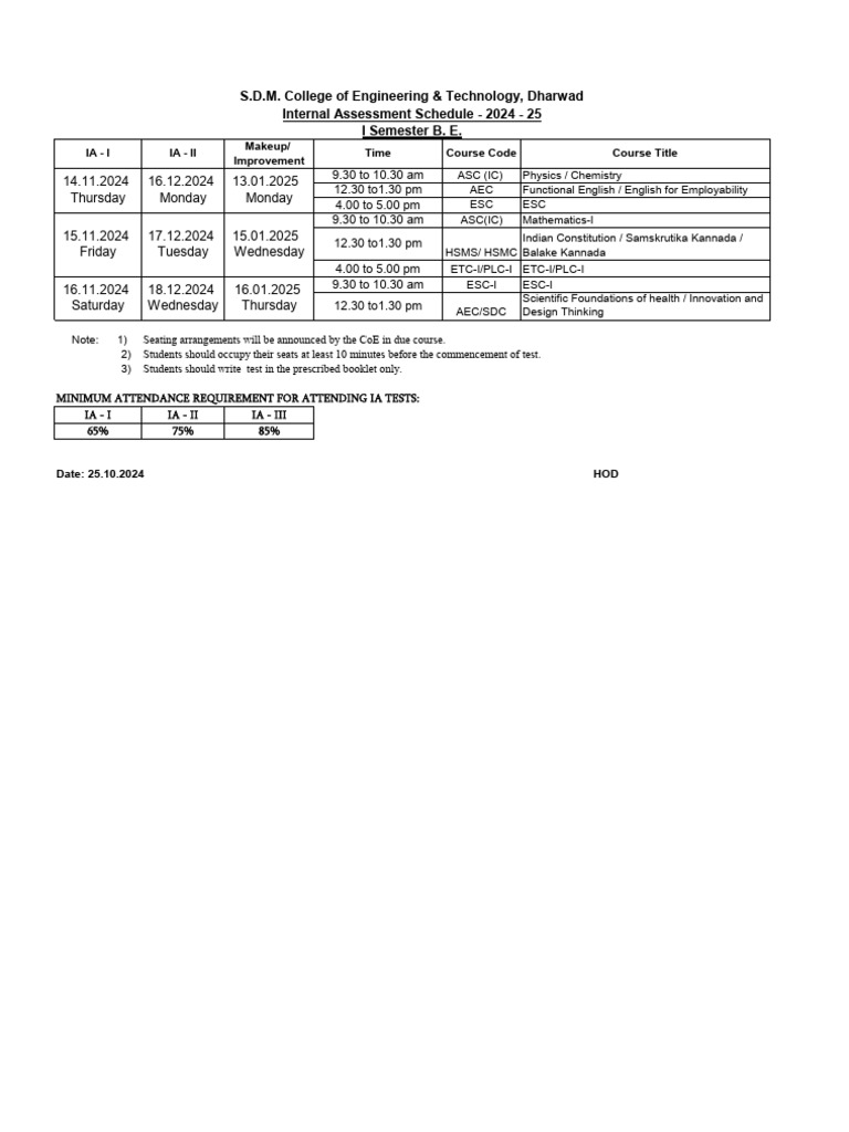 Revised I Sem IA Schedule | PDF