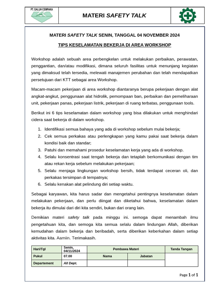 Materi Safety Talk - Mekanik | PDF | Karier & Perkembangan | Bisnis