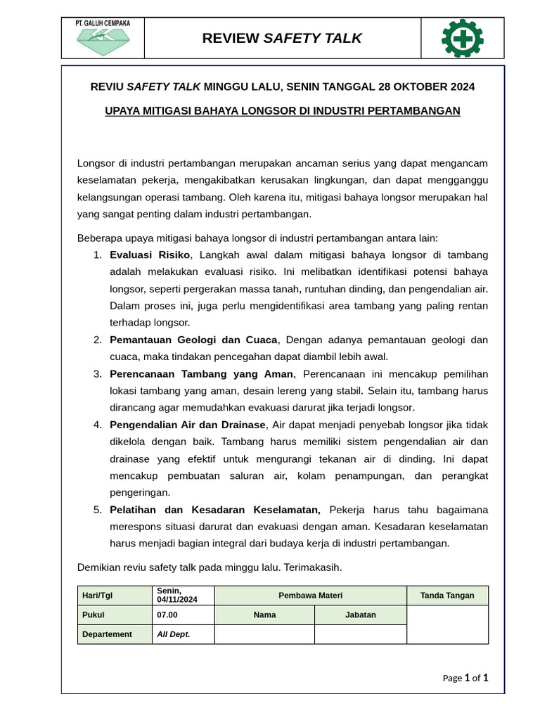 Review Materi Safety Talk - Mekanik | PDF