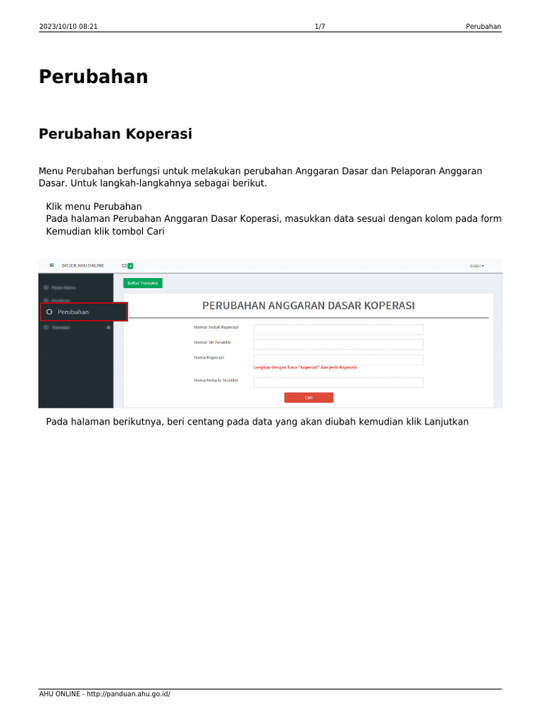 Panduan Perubahan Koperasi AHU Online | PDF