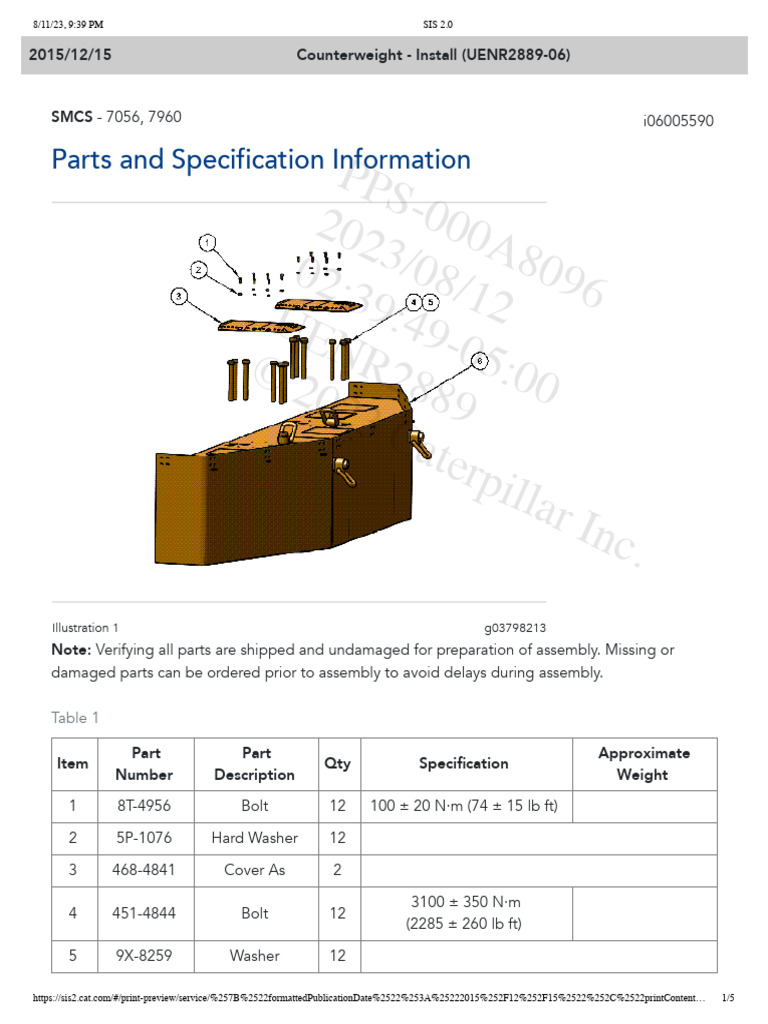 6020B - Counterweight - Install (UENR2889-06) | PDF | Screw