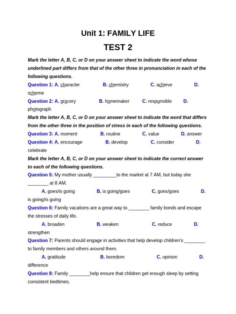 Unit 1 - FAMILY LIFE-unit 2 - Test 3 | PDF | Soil | Carbon Dioxide