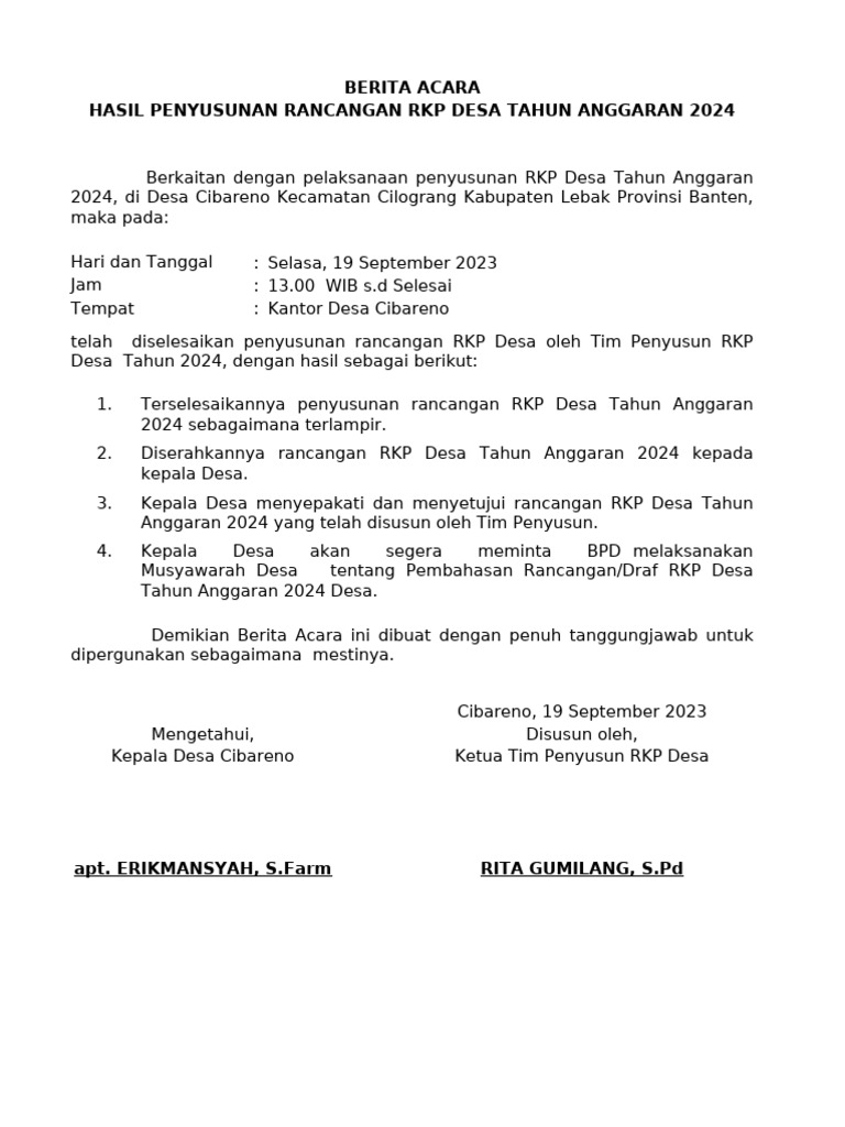 Format Berita Acara Hasil Penyusunan Rancangan RKP Desa Tahun Anggaran 2024 | PDF