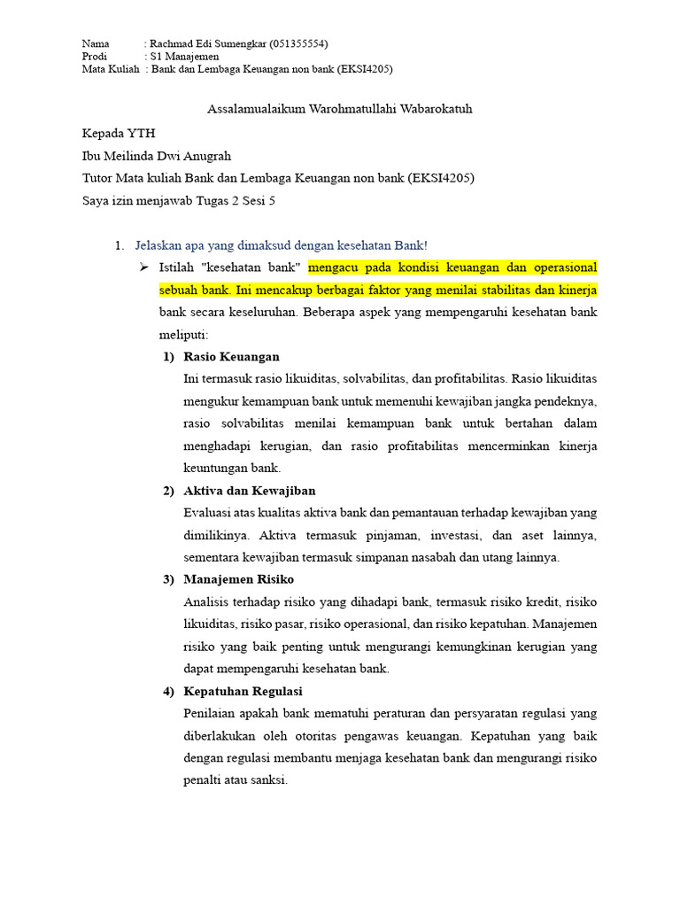 Rachmad Edi Sumengkar 051355554 - Bank Dan Lembaga Keuangan Non Bank EKSI4205 - Tugas 2 Sesi 5 ...