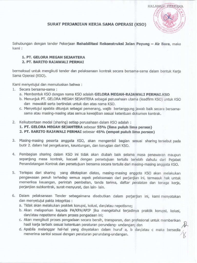 Surat Perjanjian KSO PT - GMS-PT - BRP | PDF