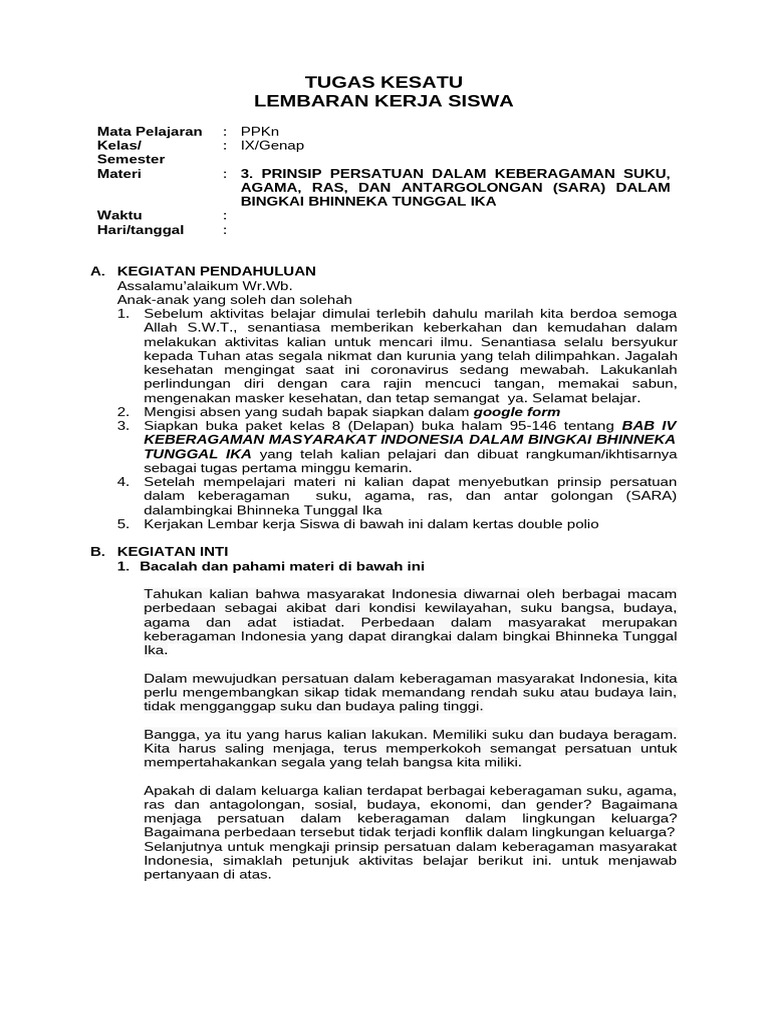 Lks 1 Kelas 9 Keberagaman Masyarakat Indonesia | PDF | Ilmu Sosial | Sains & Matematika