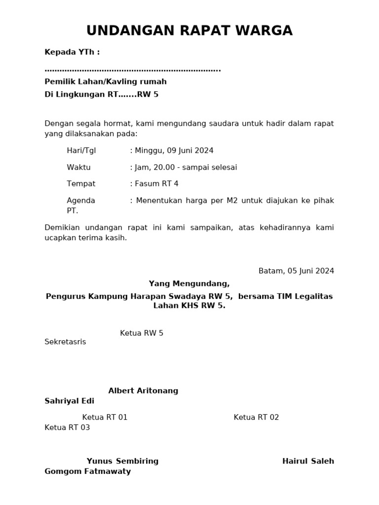 Rapat Warga RW 5: Harga Lahan & Koperasi | PDF