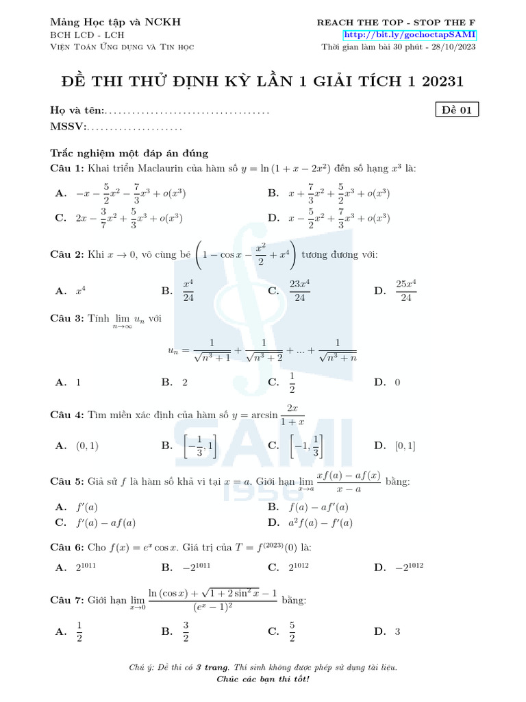 Đề Thi Thử Định Kỳ Lần 1 GT1 20231 | PDF