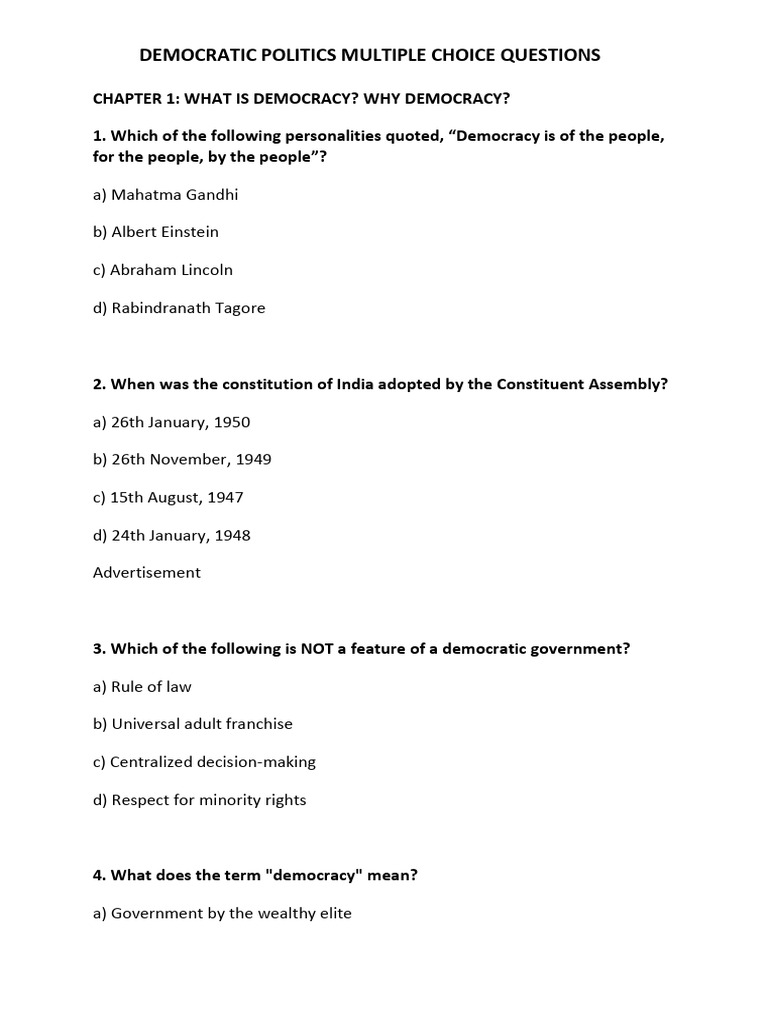 Democratic Politics Multiple Choice Questions | PDF | Elections | Democracy