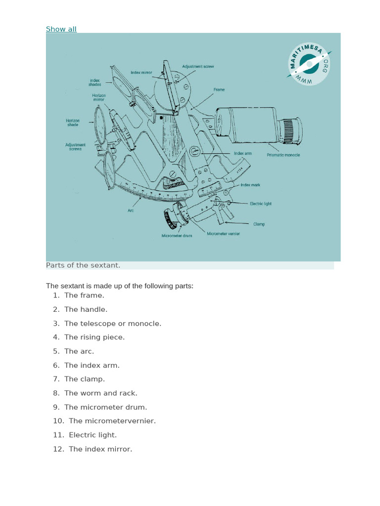 Parts of a Sextant Explained | PDF | Mirror | Optics