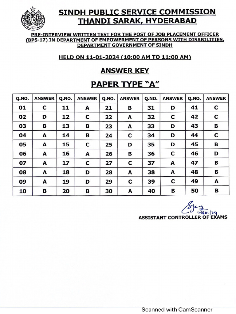 AnswerKey Jobplacementofficer DEPD | PDF