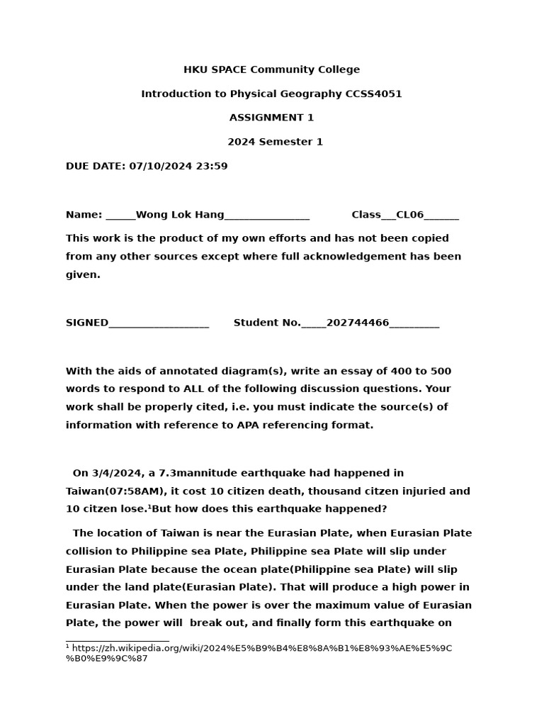 Ccss4051 Cl06 Asm1 Wong-Lok Hang | PDF | Natural Hazards | Geological ...