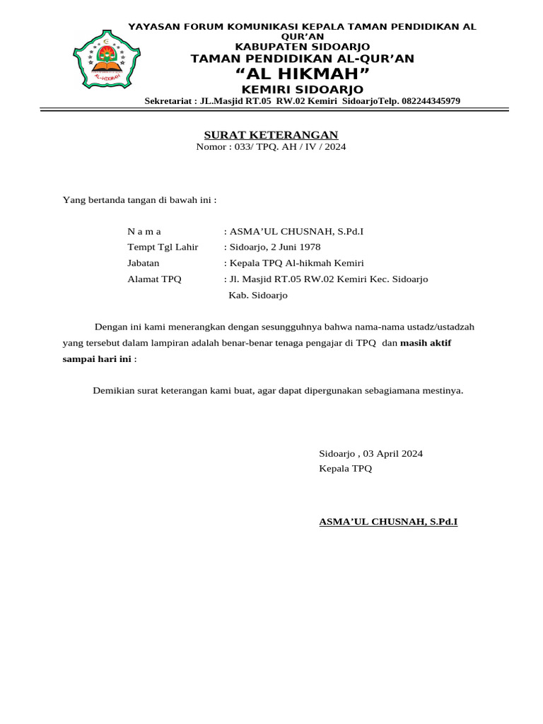 Surat Ket. TPQ | PDF