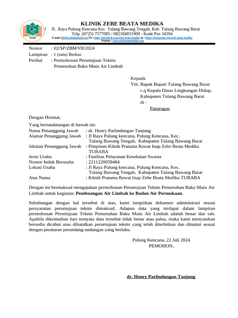 Surat Permohonan Pertek Air Limbah | PDF | Kesehatan Holistik